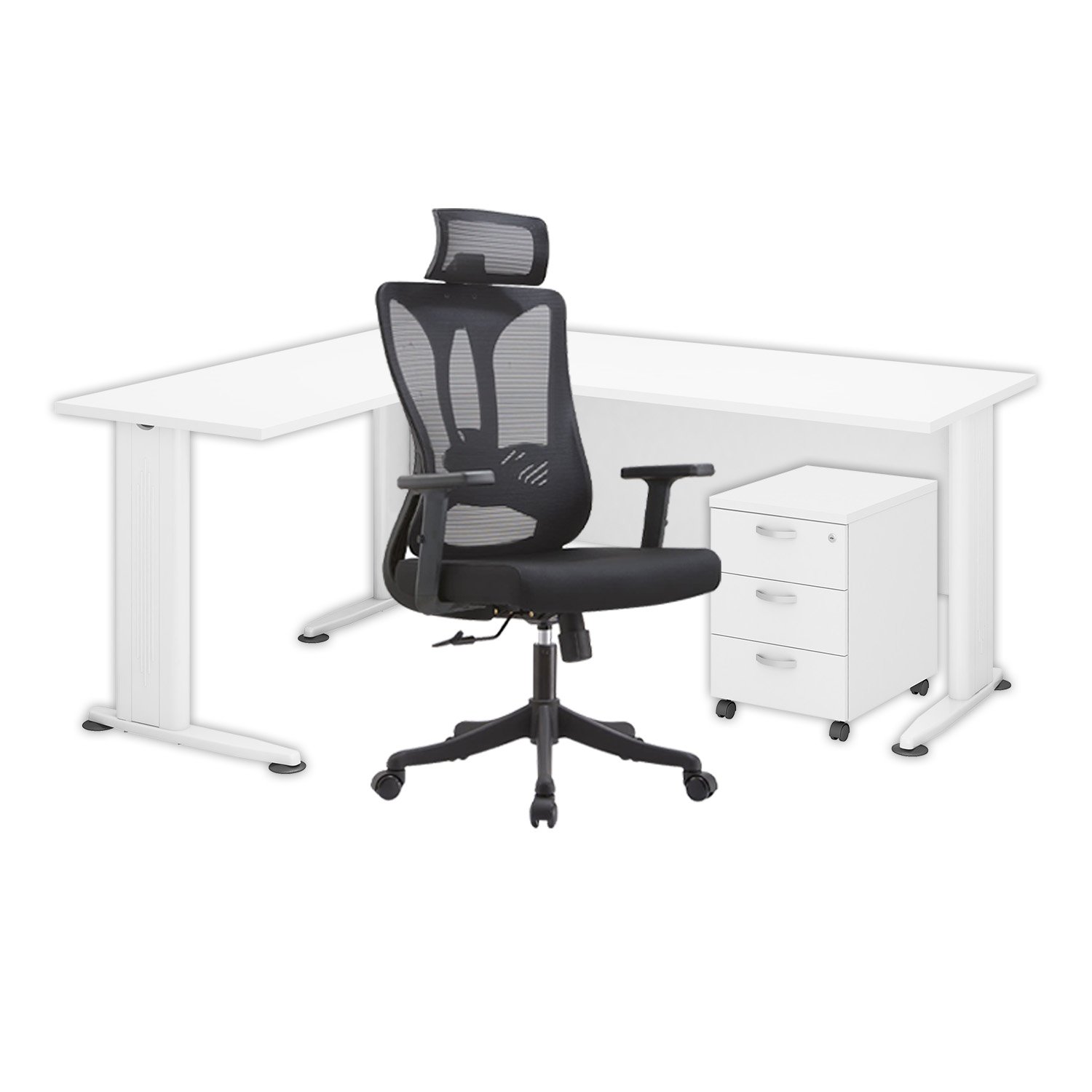 H SERIES L SHAPE TABLE WITH PEDESTAL & HIGH BACK MESH CHAIR SET ...